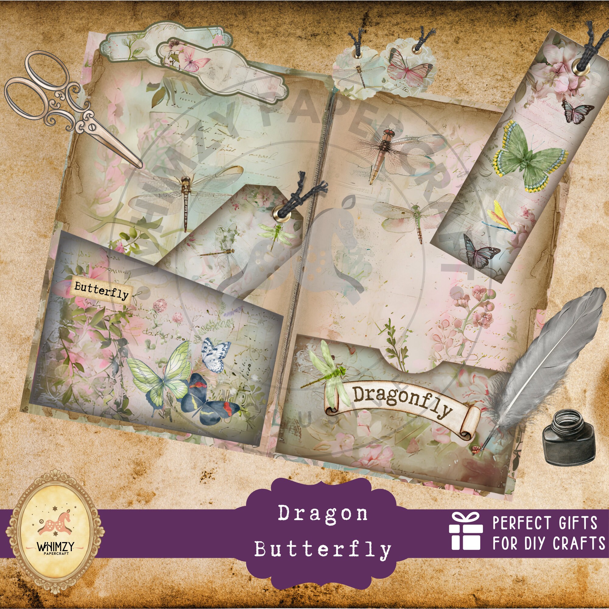 Dragonfly Junk Journal, Dragonflies Digi Kit Vintage Dragonfly Papers, Dragonfly Junk Journal ...