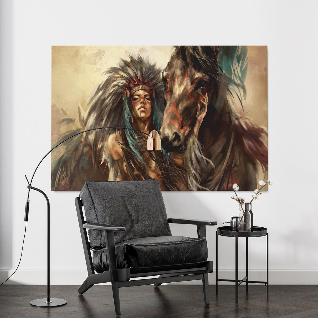 Native American Woman and Horse Wall Art, American Indian Art / Canvas ...