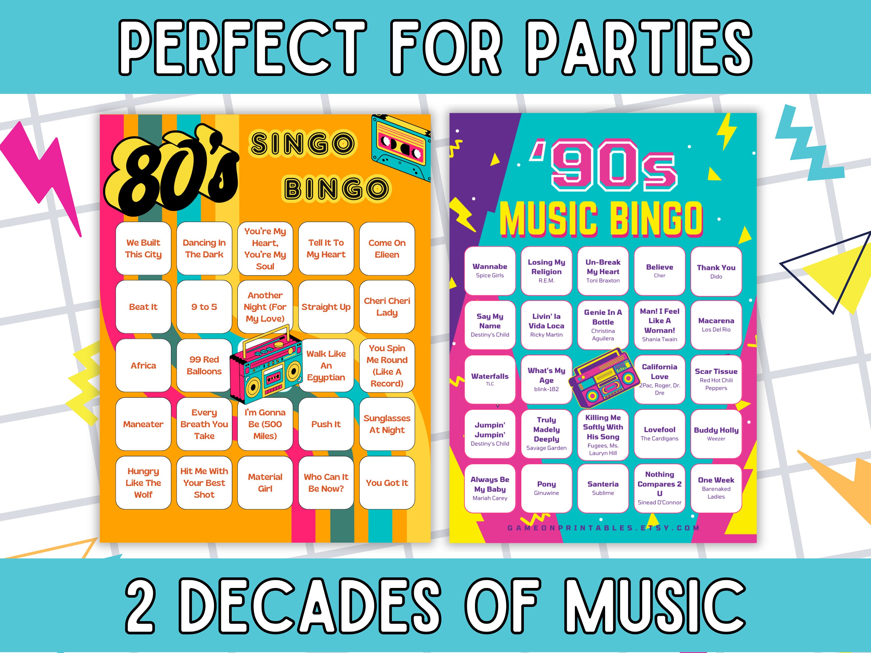 Music Bingo - 2 Pack | 80s, 90s Music Bingo | 2 Decades of Music ...