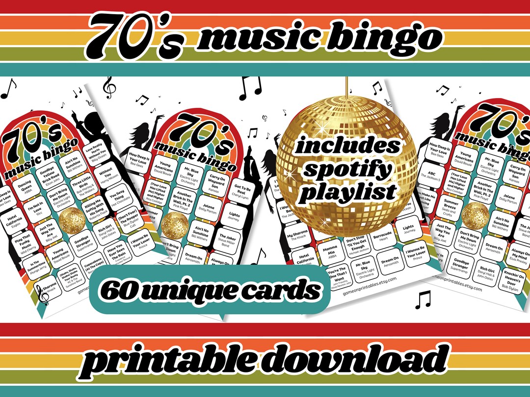 70s Music Bingo 70s Singo Bingo 60 Bingo Cards 1970s Music Party Games ...