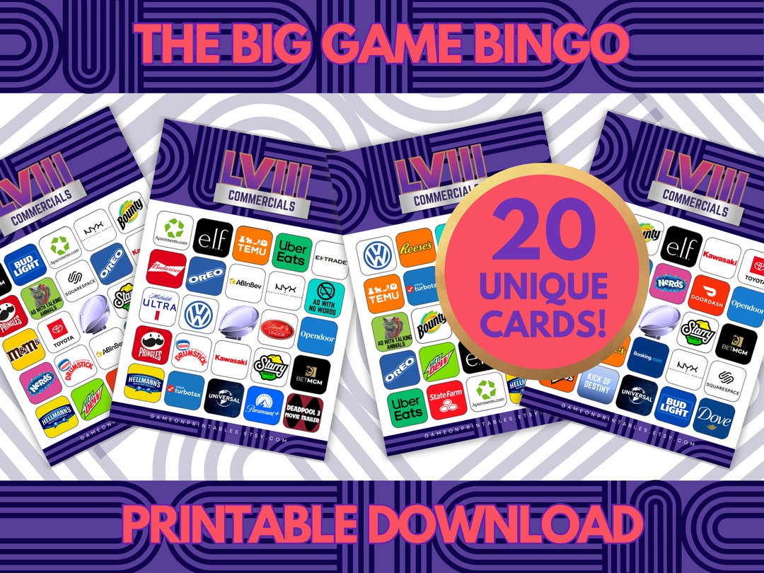 The Big Game Commercials Bingo 2024 Football Party Games L Play on ...