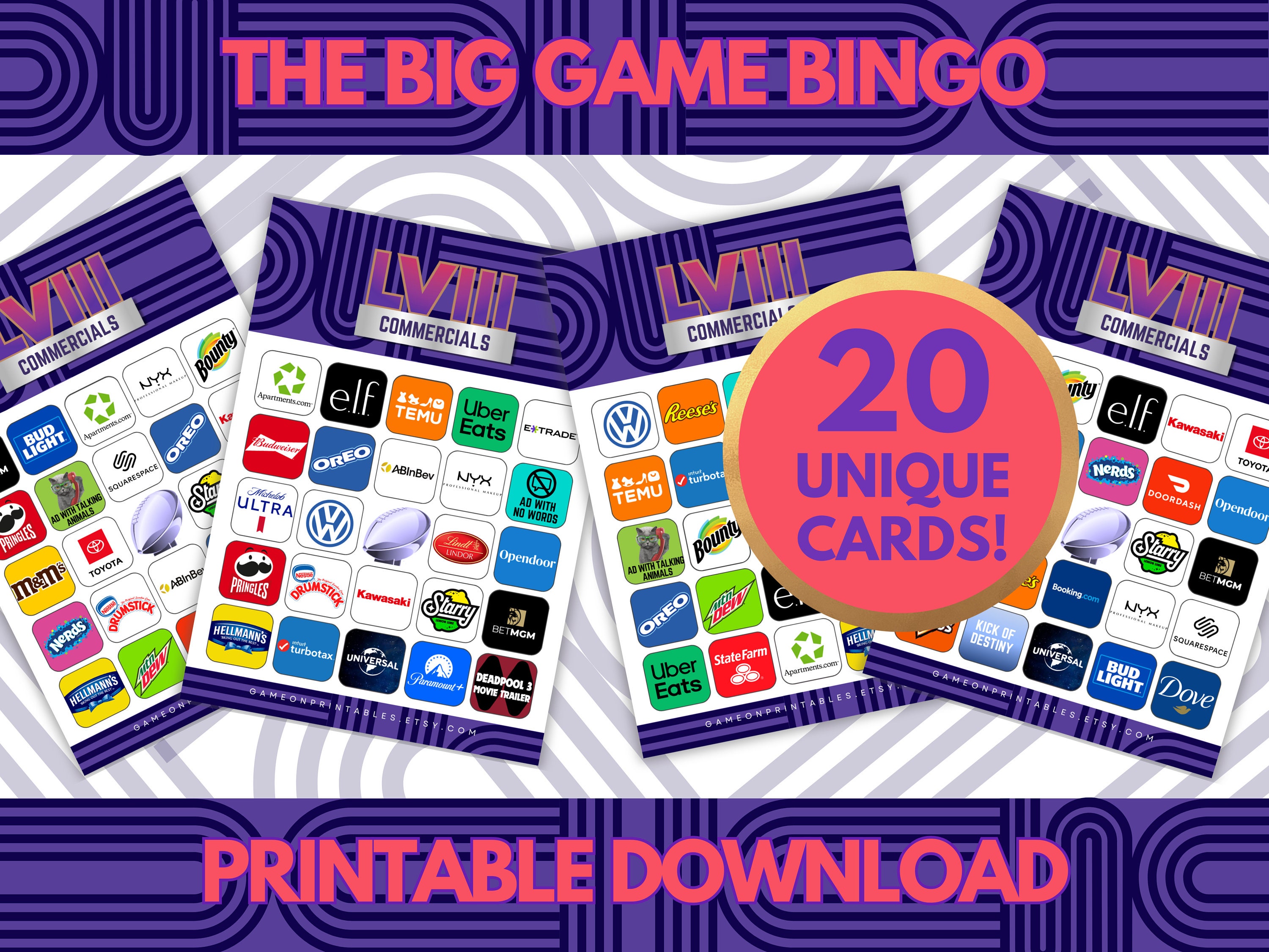 The Big Game Commercials Bingo 2024 Football Party Games L Play on ...