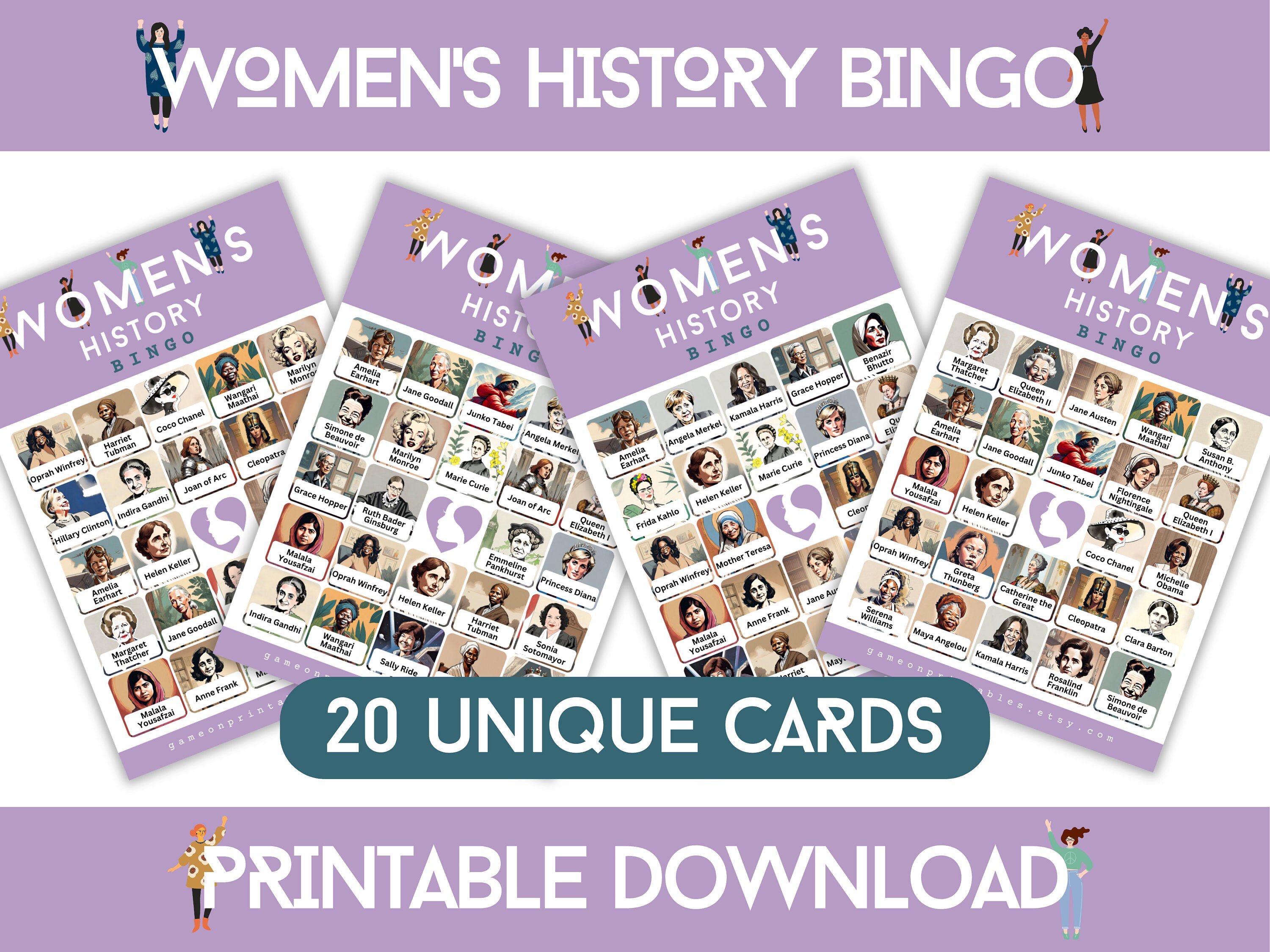 Women's History Month Bingo Game International Women's Day Bingo 20 Cards Women's History Month ...