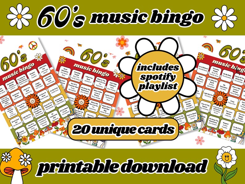 60s Music Bingo 1960's Singo Bingo 20 Bingo Cards Music Bingo With ...