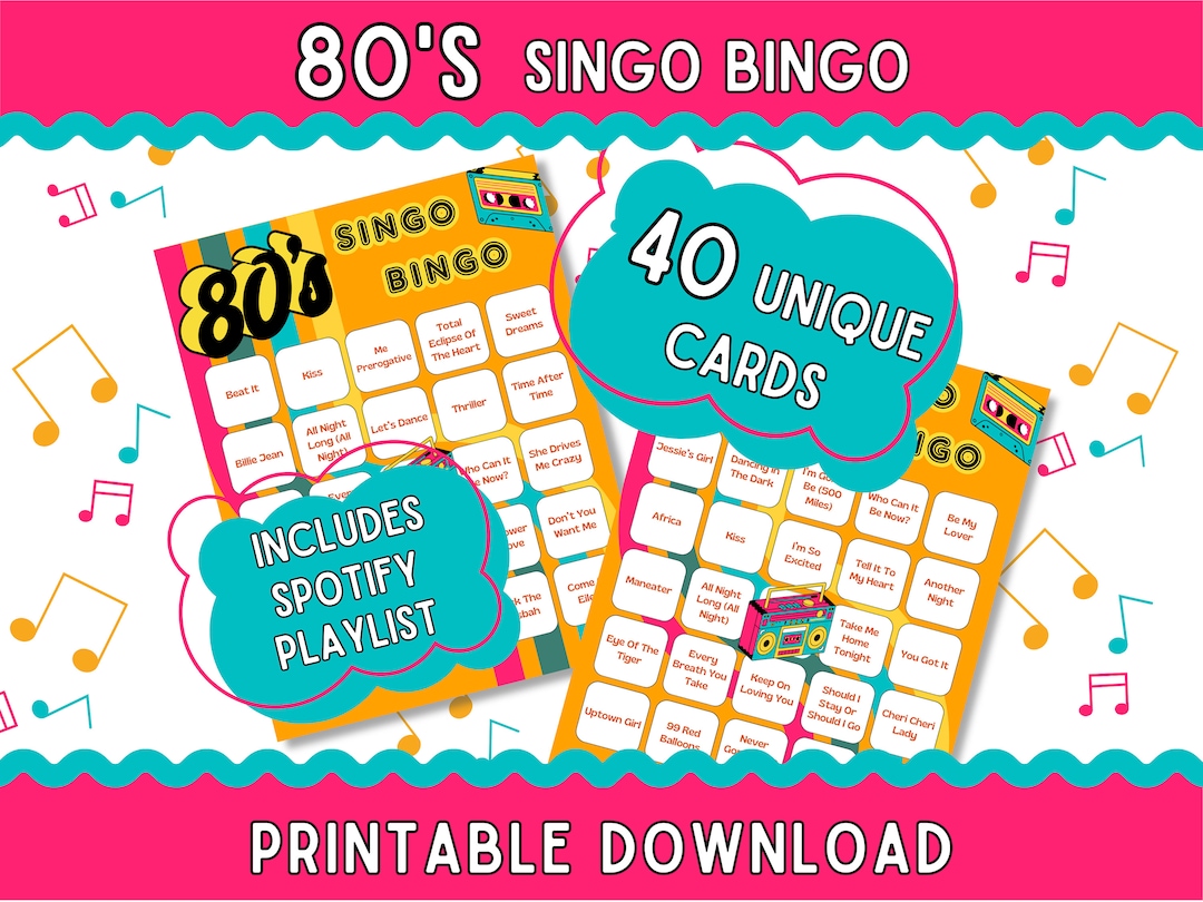80s Music Bingo With Playlist, 40 Bingo Cards, Singo, 80s Bingo, 1980s ...