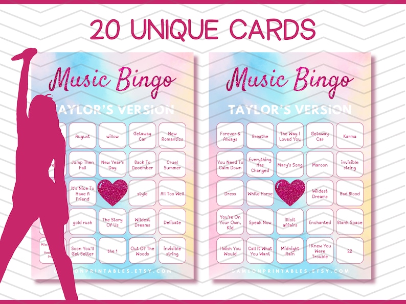 Taylor Swift Music Bingo | 20 Cards, Swiftie Party Game (digital ...
