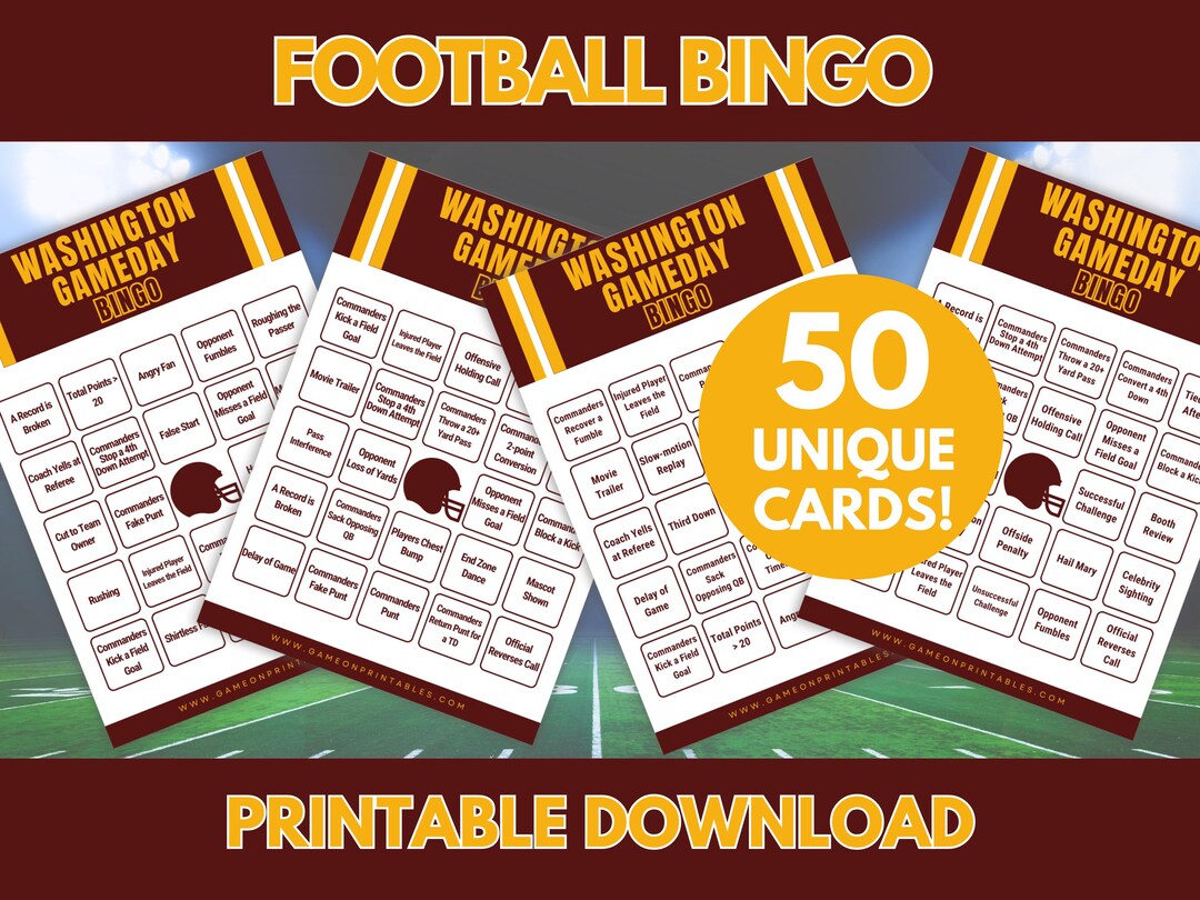 Washington Football Bingo | Game Day Bingo | Football Party Games | 50 ...