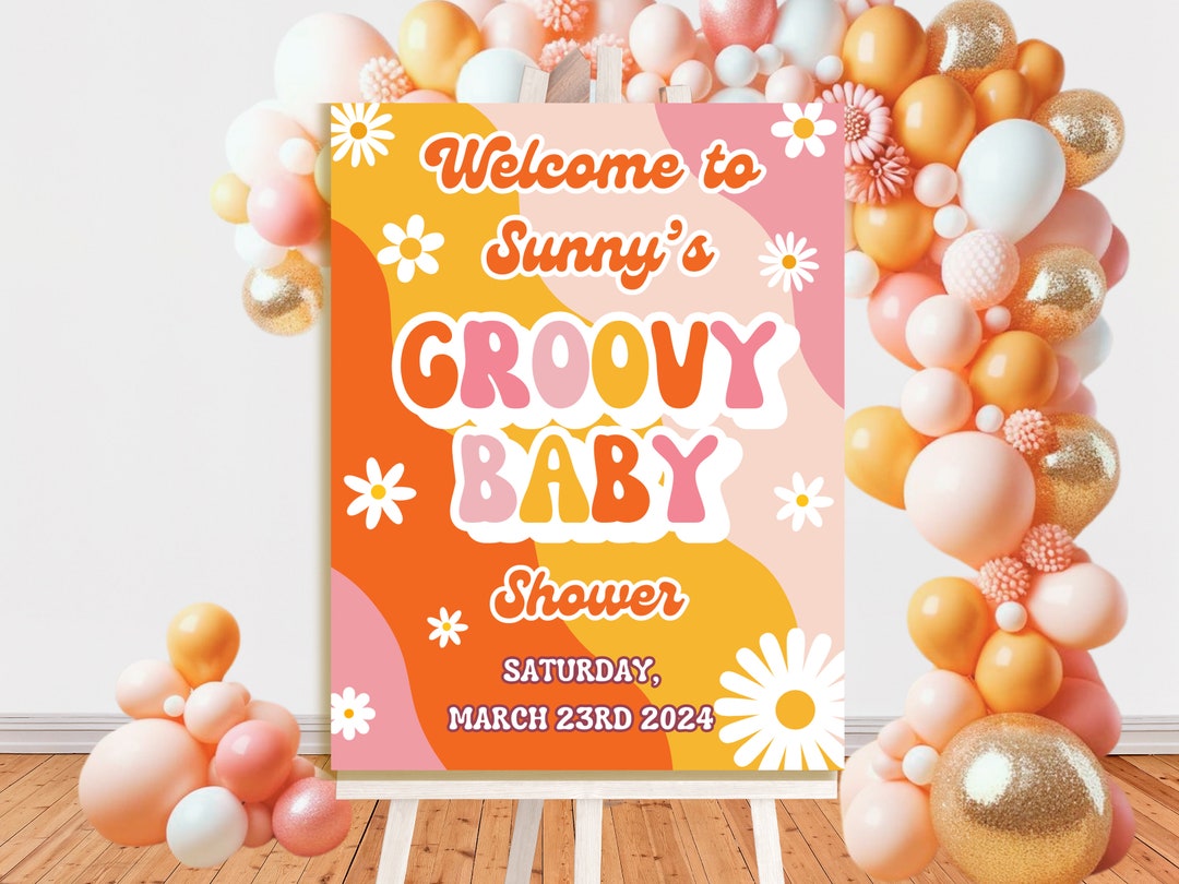 Groovy Baby Shower Welcome Sign, Editable | Retro Baby Shower Welcome ...