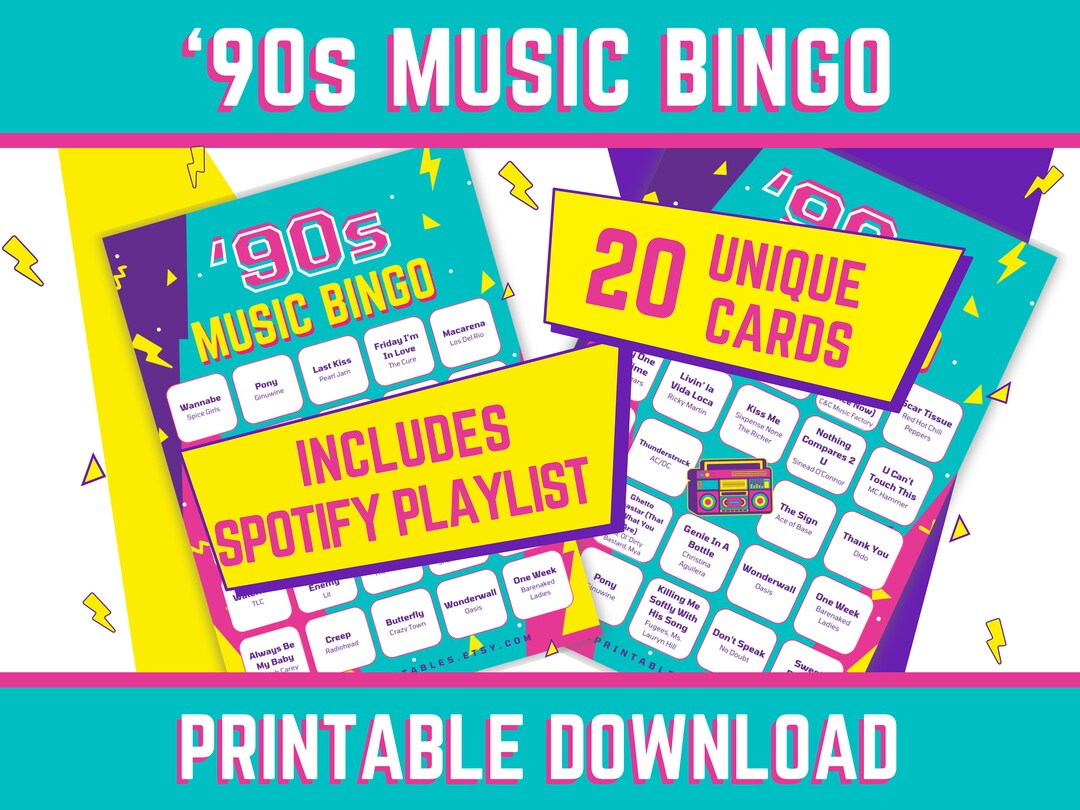 90s Music Bingo With Playlist, 20 Bingo Cards, Singo, 90s Bingo, 1990s ...