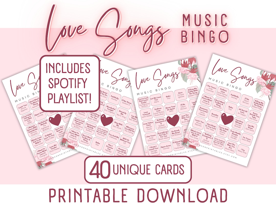 Love Songs Music Bingo, Valentines Day Bingo, Galentines Bingo, Singo ...
