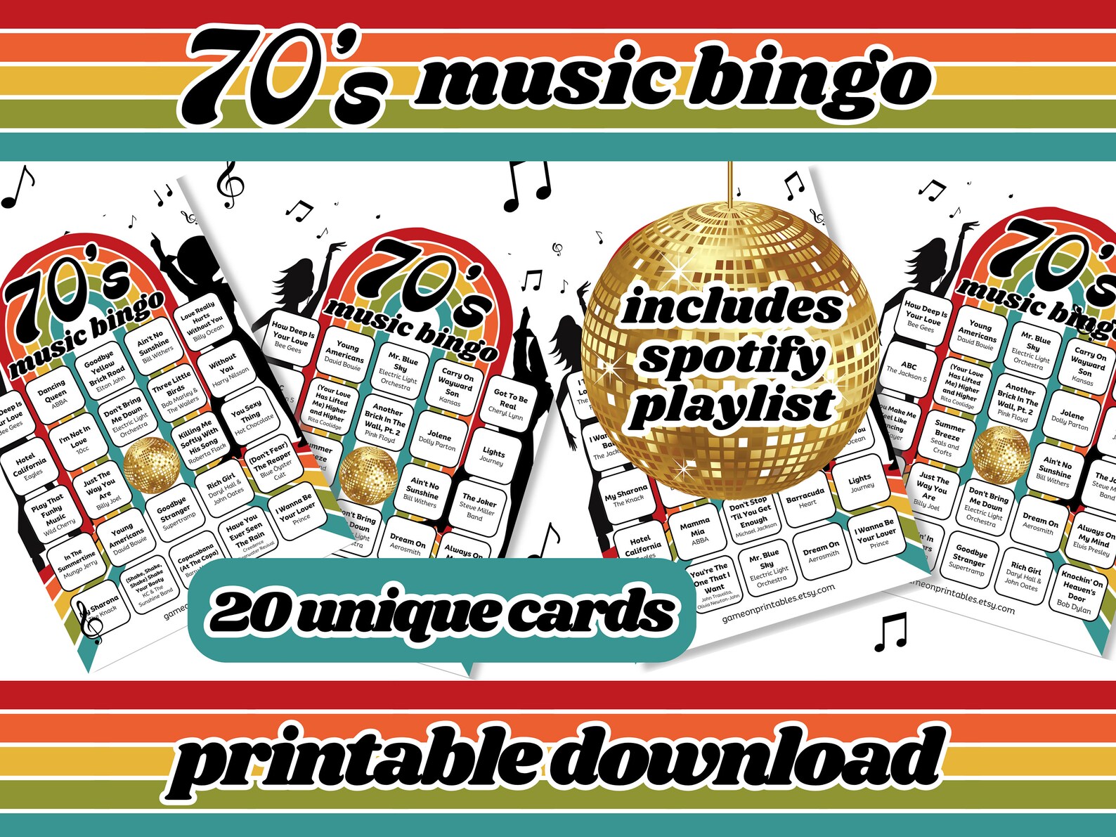 70s Music Bingo 70s Singo Bingo 20 Bingo Cards 1970s Music Party Games ...