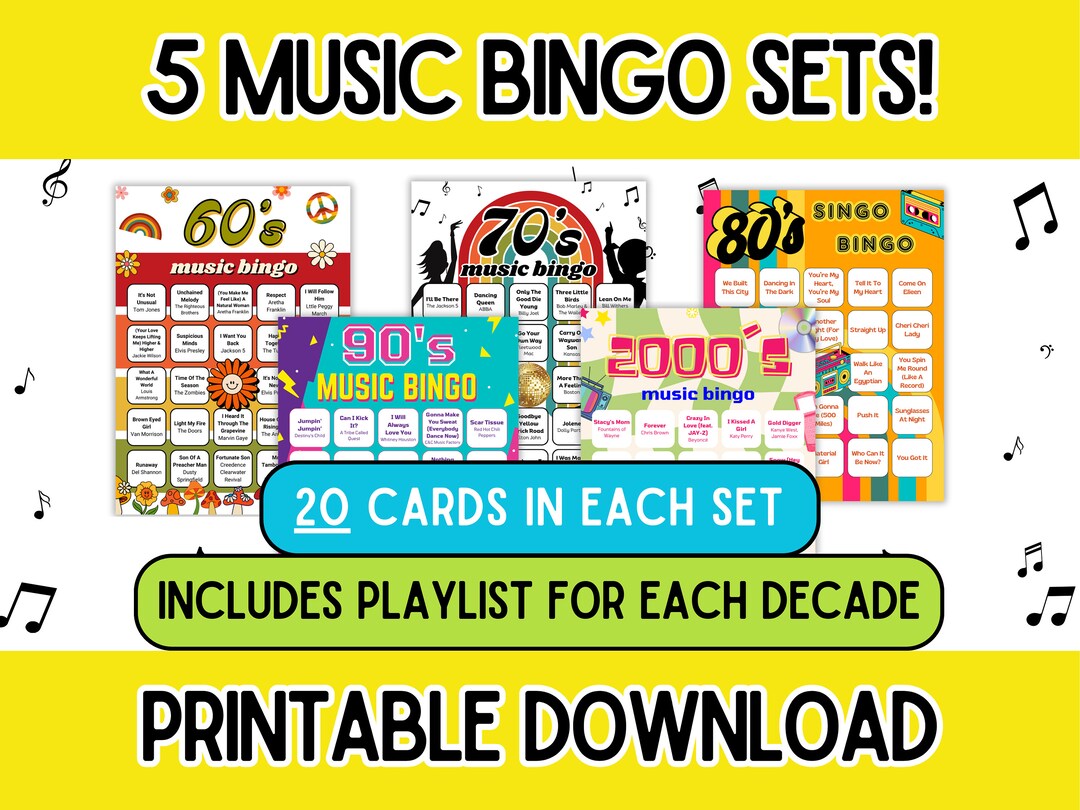Music Bingo - 5 Pack | 60s, 70s, 80s, 90s, 2000s Music Bingo | 5 ...