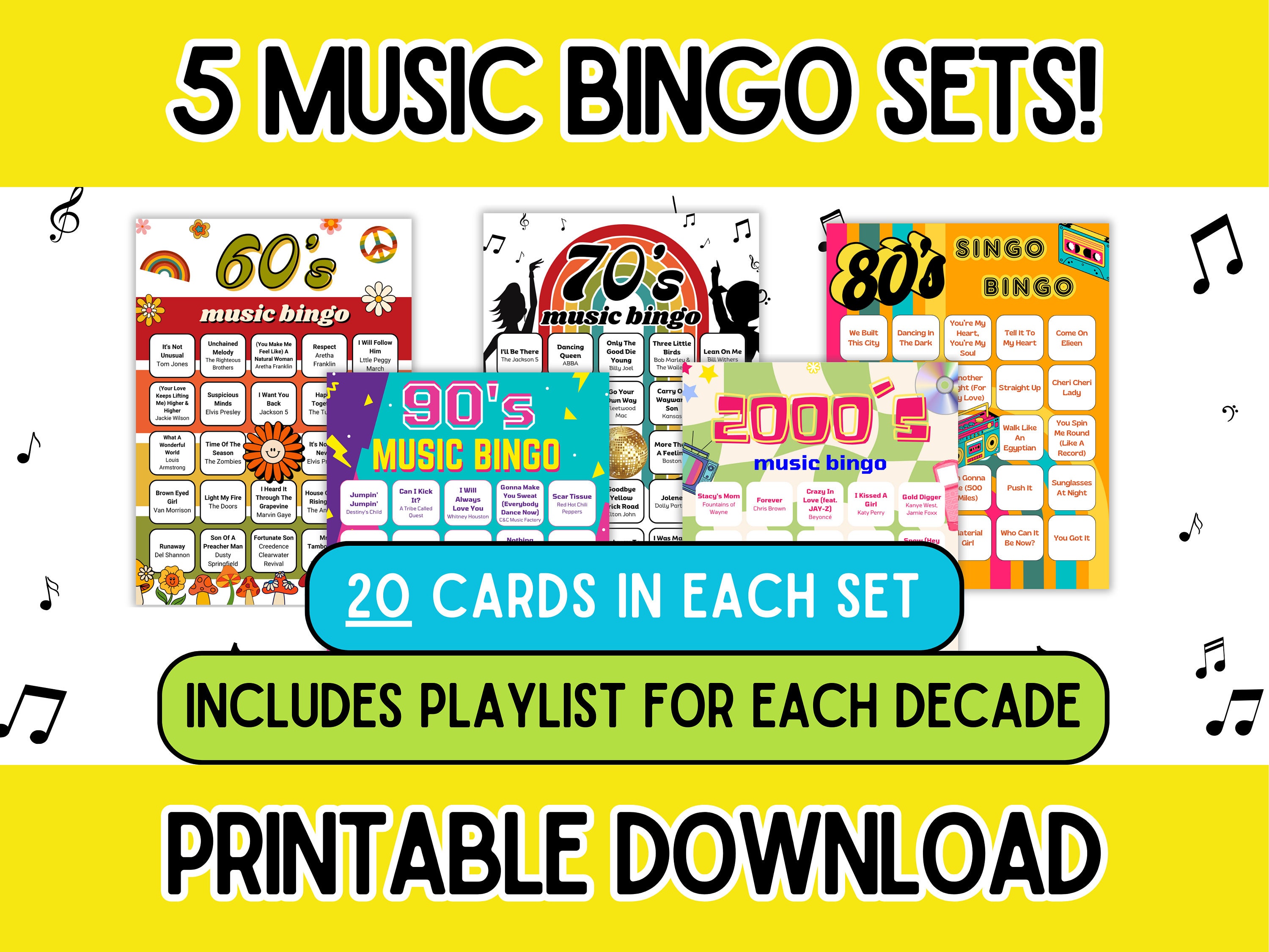 Music Bingo 5 Pack 60s, 70s, 80s, 90s, 2000s Music Bingo 5 Decades of ...