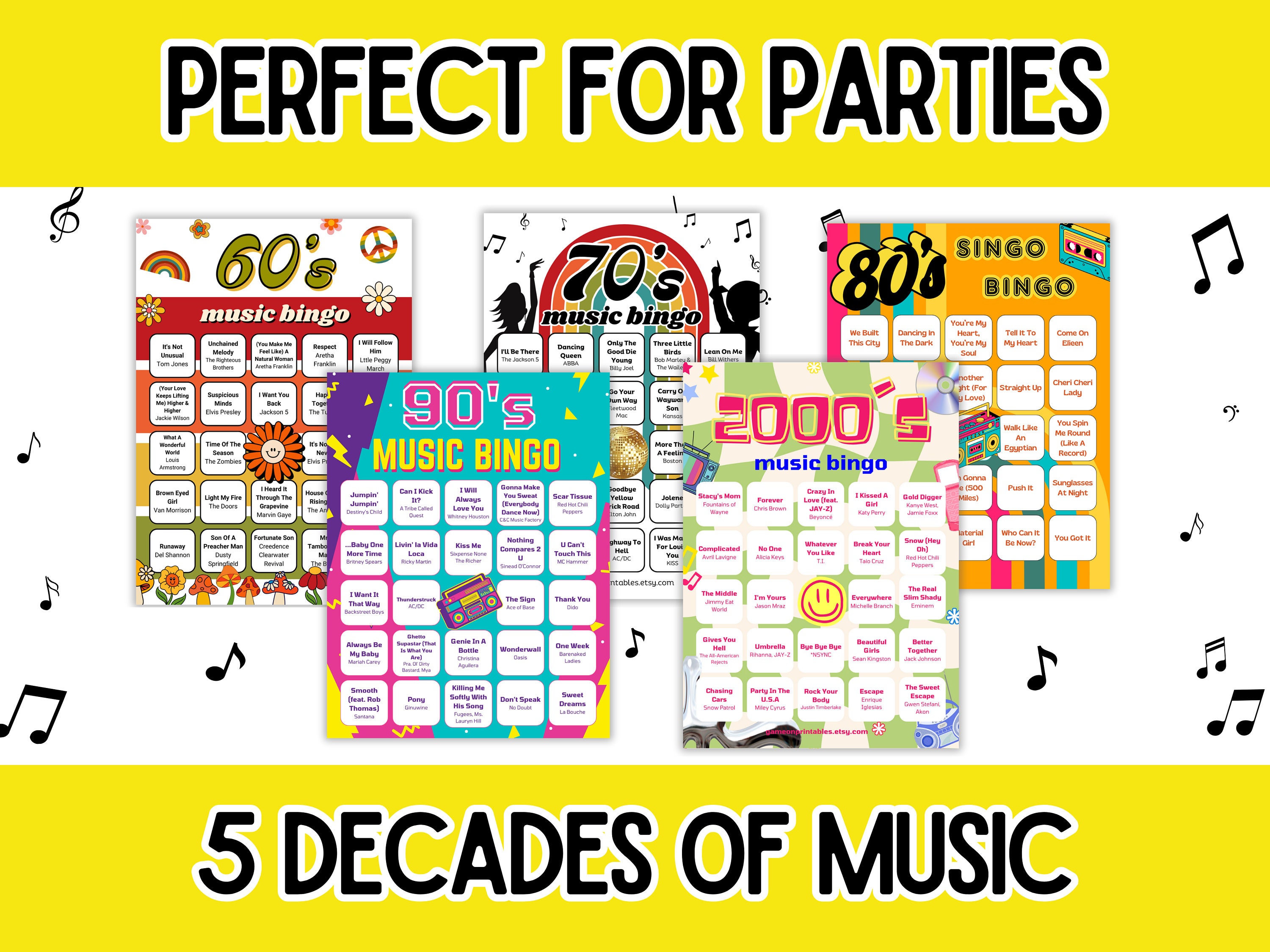 Music Bingo 5 Pack 60s, 70s, 80s, 90s, 2000s Music Bingo 5 Decades of ...