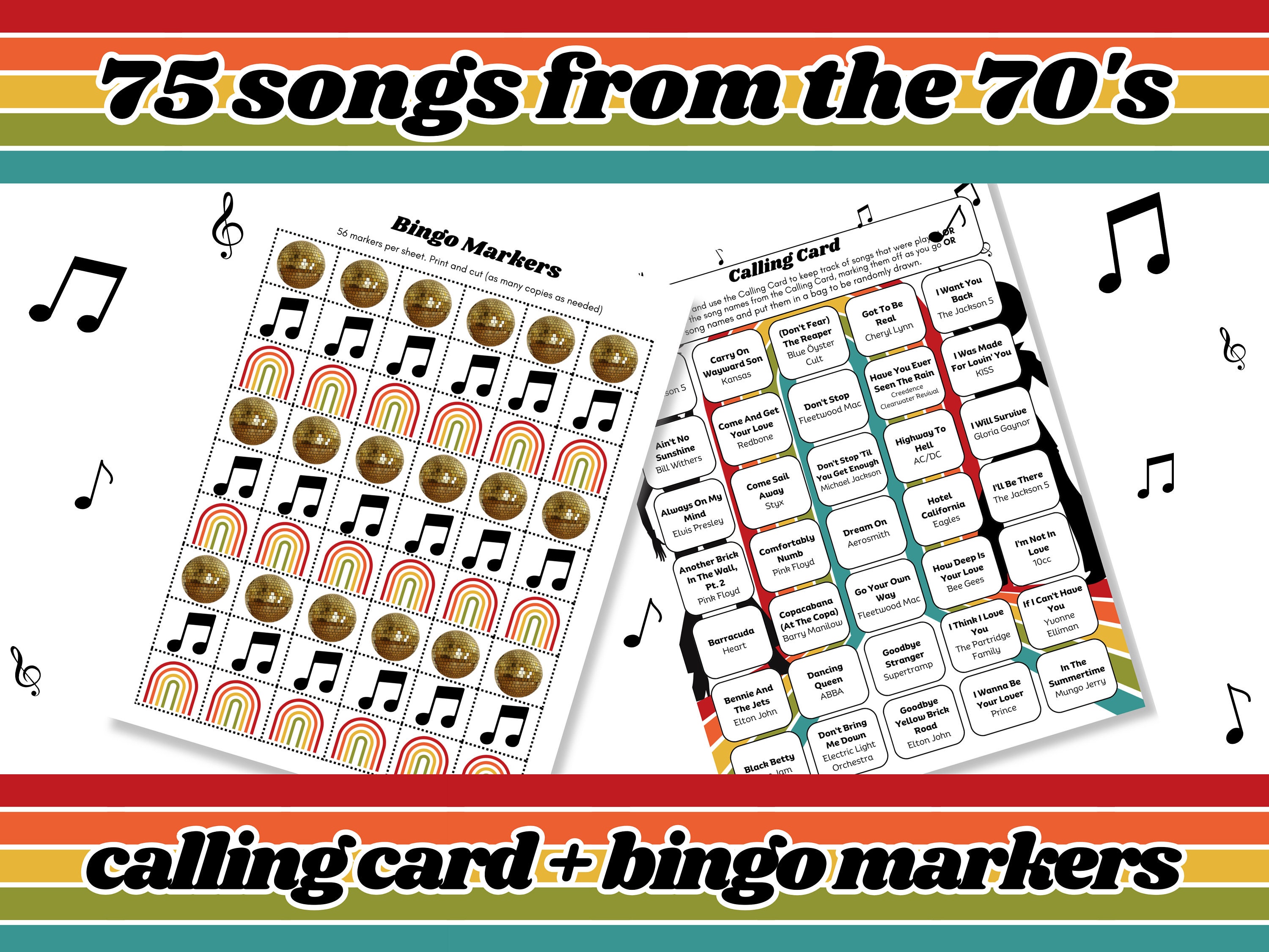 70s Music Bingo 70s Singo Bingo 40 Bingo Cards 1970s Music Party Games ...