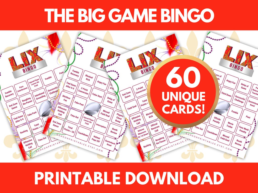 Football Bingo, the Big Game Sunday 2025 Bingo LIX Football Party Games ...