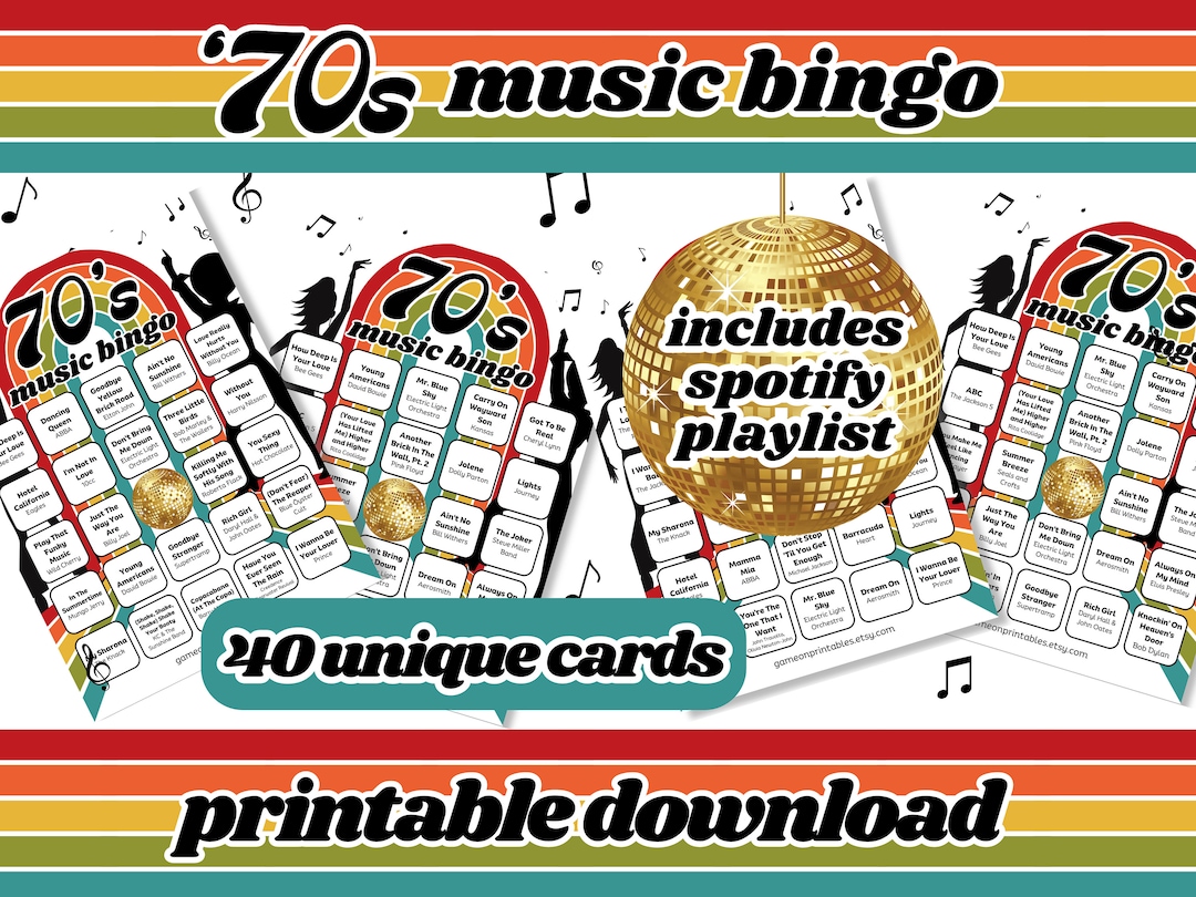 70s Music Bingo | 70s Singo Bingo | 40 Bingo Cards | 1970s Music ...