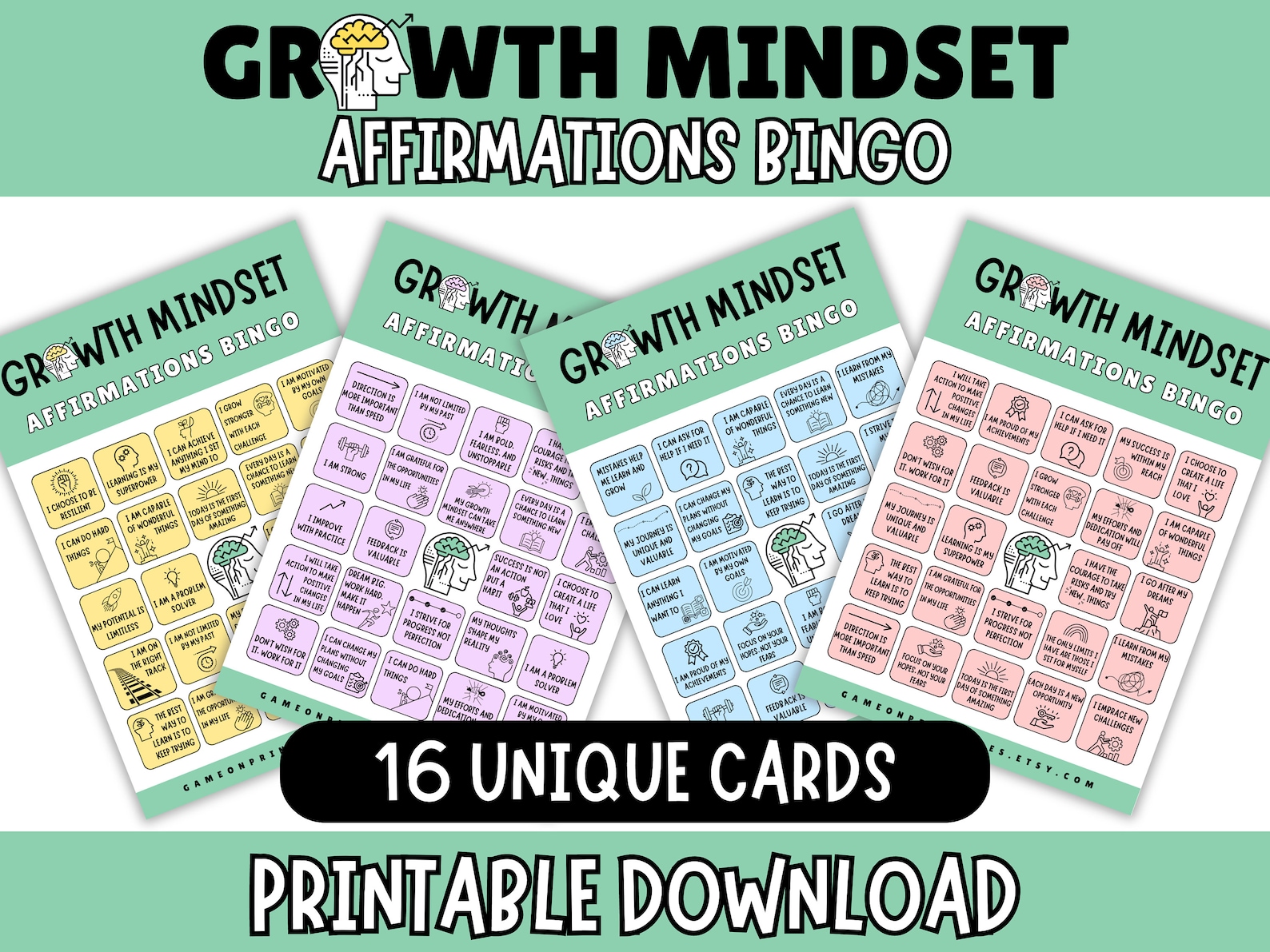 Growth Mindset Affirmations Bingo | 48 Affirmation Cards | 16 ...