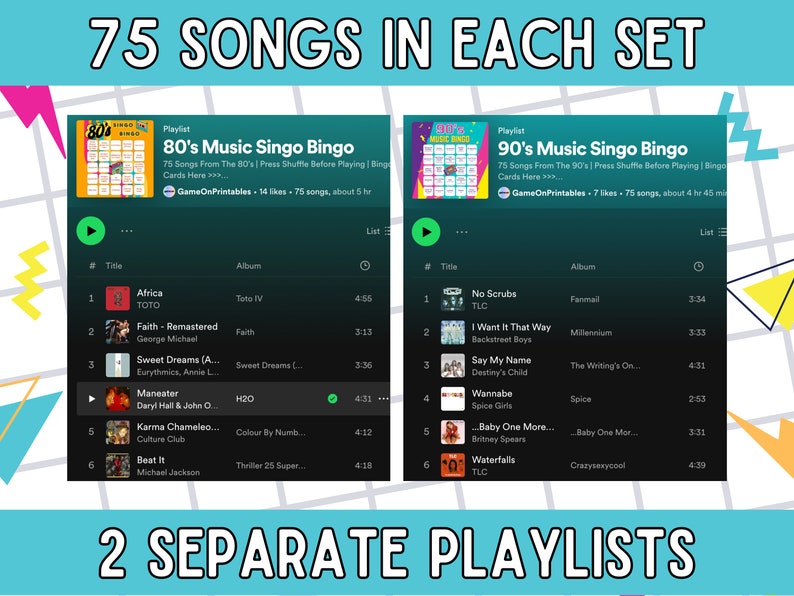 Music Bingo - 2 Pack | 80s, 90s Music Bingo | 2 Decades of Music ...