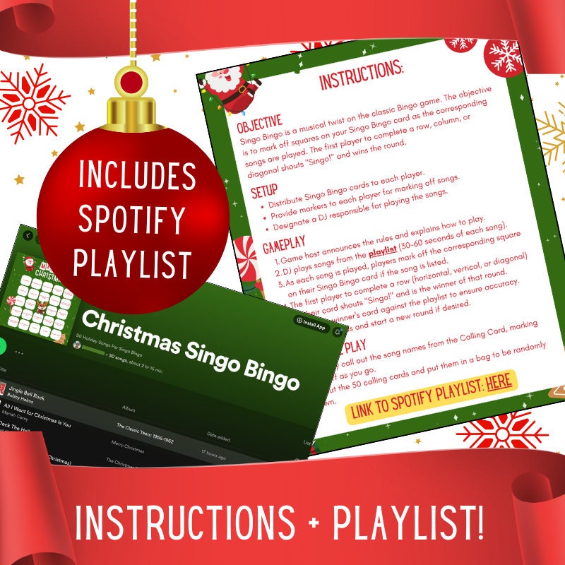 Christmas Singo Bingo Christmas Music Bingo 50 Christmas Songs, 40 ...