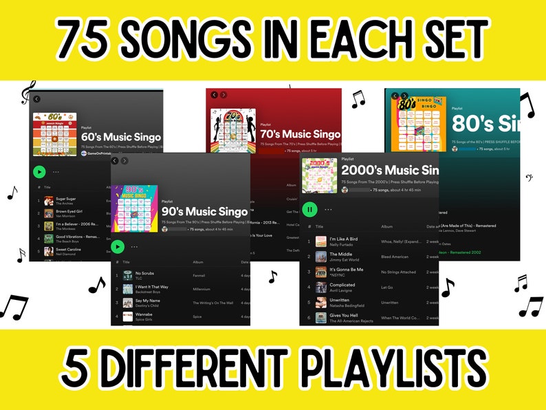 Music Bingo 5 Pack 60s, 70s, 80s, 90s, 2000s Music Bingo 5 Decades of ...