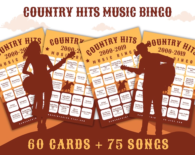 Country Music Bingo Game, 100 Different Cards, Music Playlist (digital ...