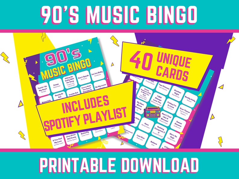 90s Music Bingo With Playlist, 40 Bingo Cards, Singo, 90s Bingo, 1990s ...