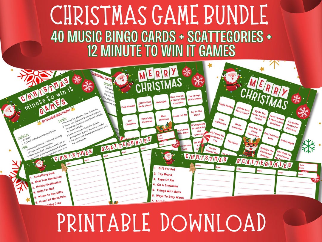 Christmas Game Bundle Music Bingo Minute to Win It Scattegories ...