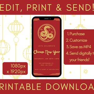 Chinese New Year Party Invitation 2025 Year of the Snake Invitation Red ...