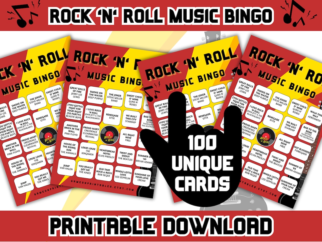 Rock Music Bingo | Rock and Roll Music Bingo With Playlist | 100 Bingo ...