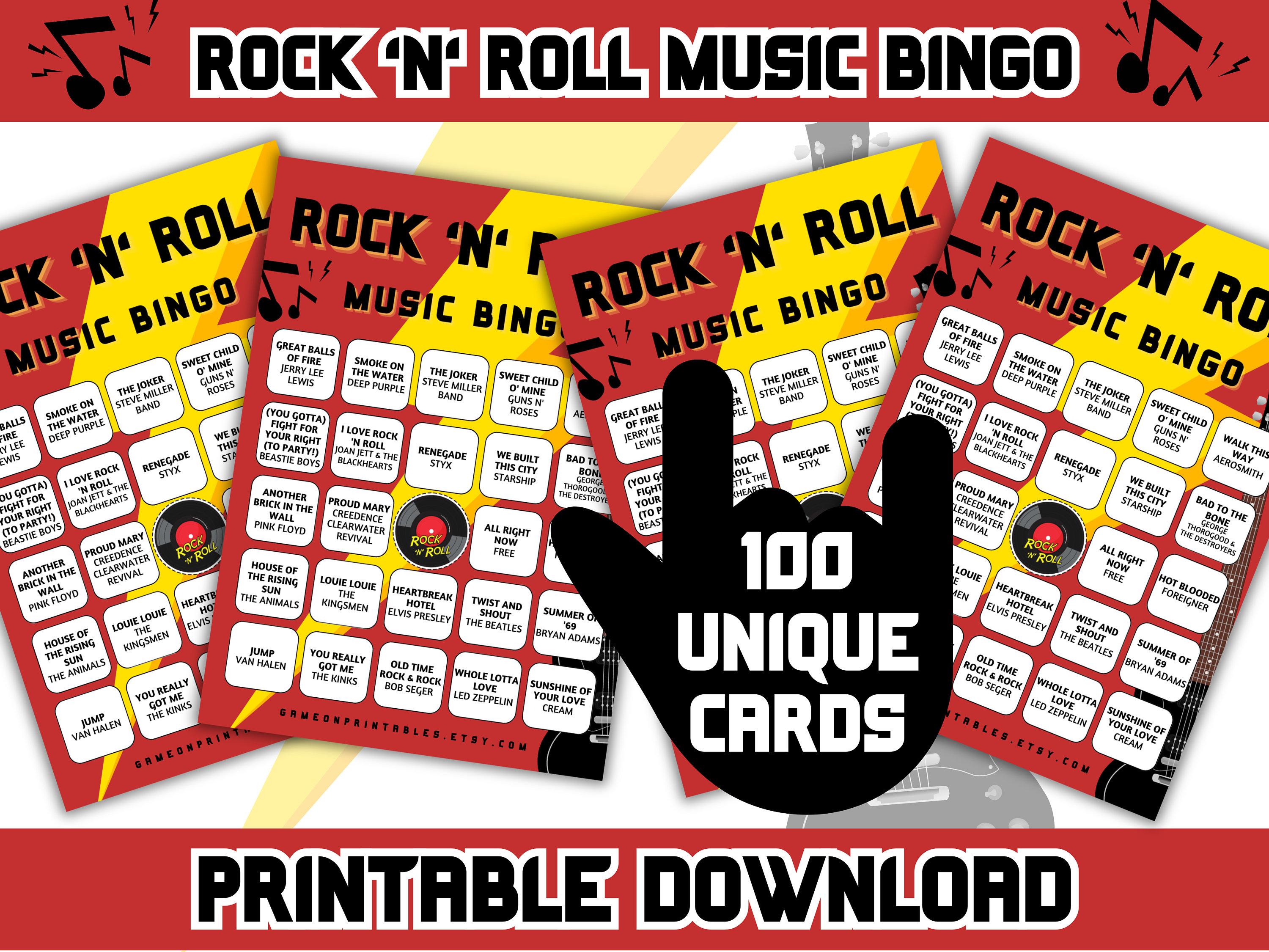 Rock Music Bingo | Rock and Roll Music Bingo With Playlist | 100 Bingo ...