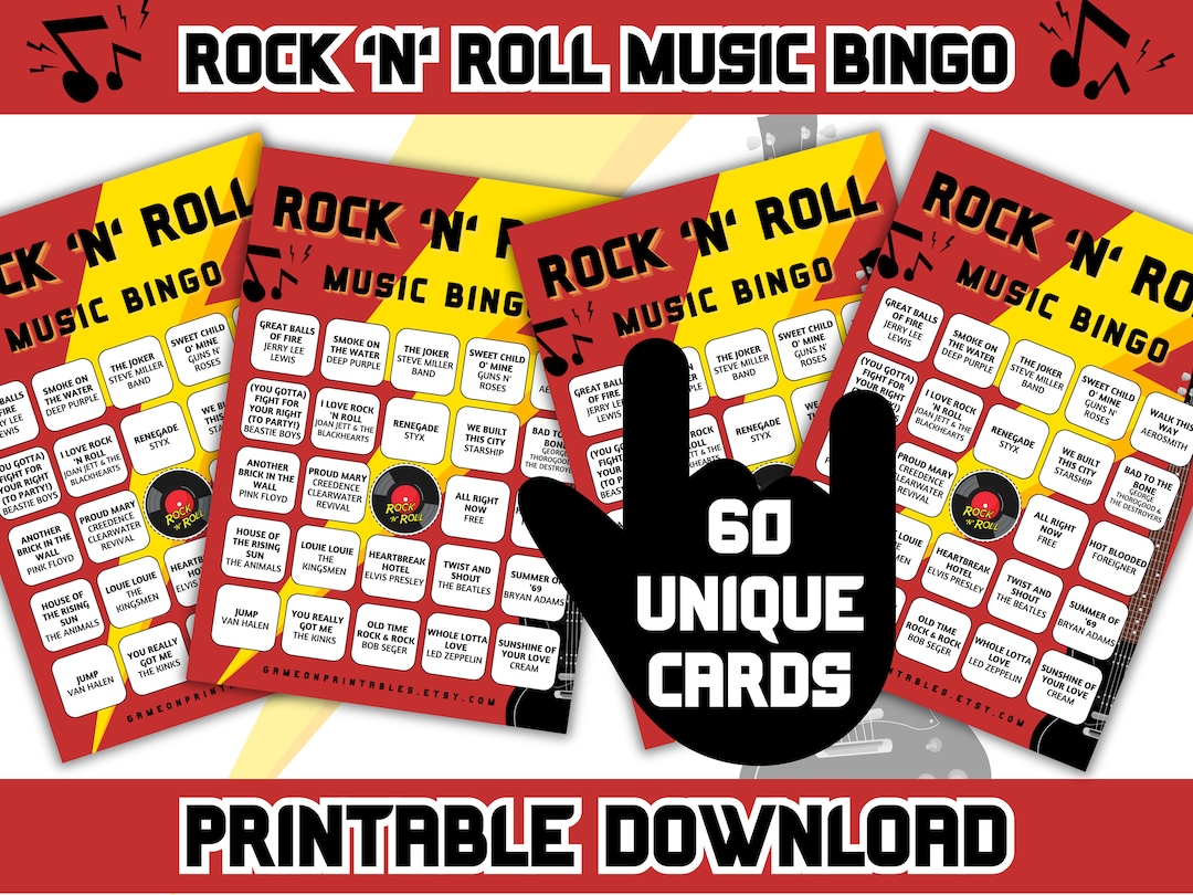 Rock Music Bingo | Rock and Roll Music Bingo With Playlist | 60 Bingo ...