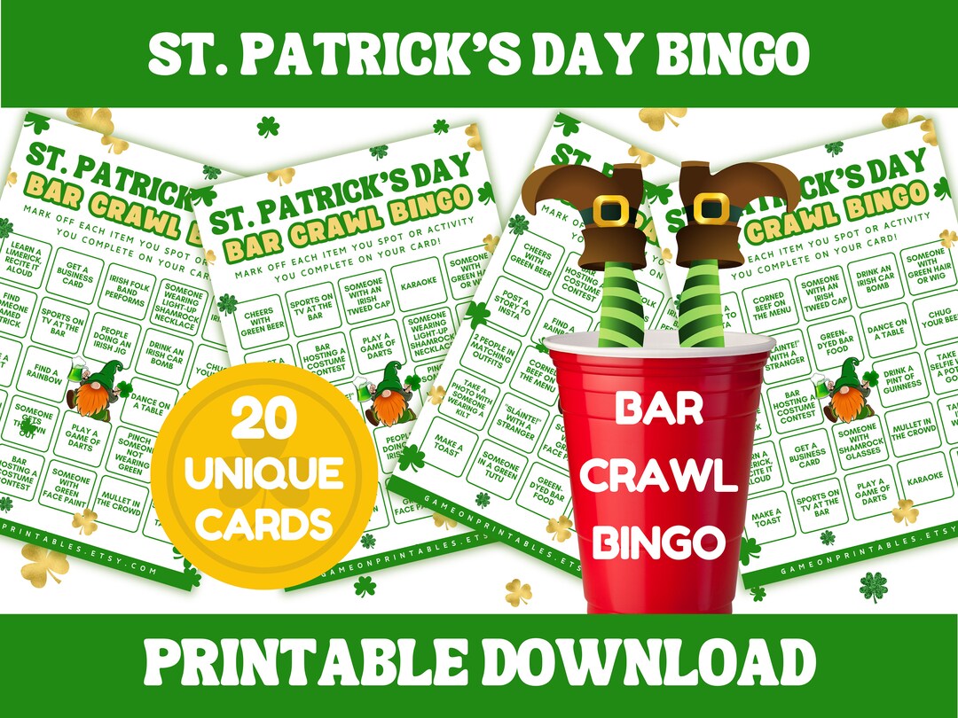 St. Patrick's Day Bar Crawl Bingo | St. Paddys Day Scavenger Hunt | St ...