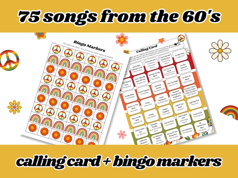 60s Music Bingo 1960's Singo Bingo 60 Bingo Cards Music Bingo With ...