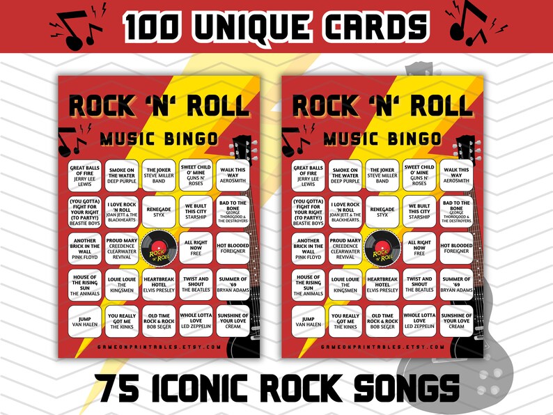 Rock Music Bingo | Rock and Roll Music Bingo With Playlist | 100 Bingo ...