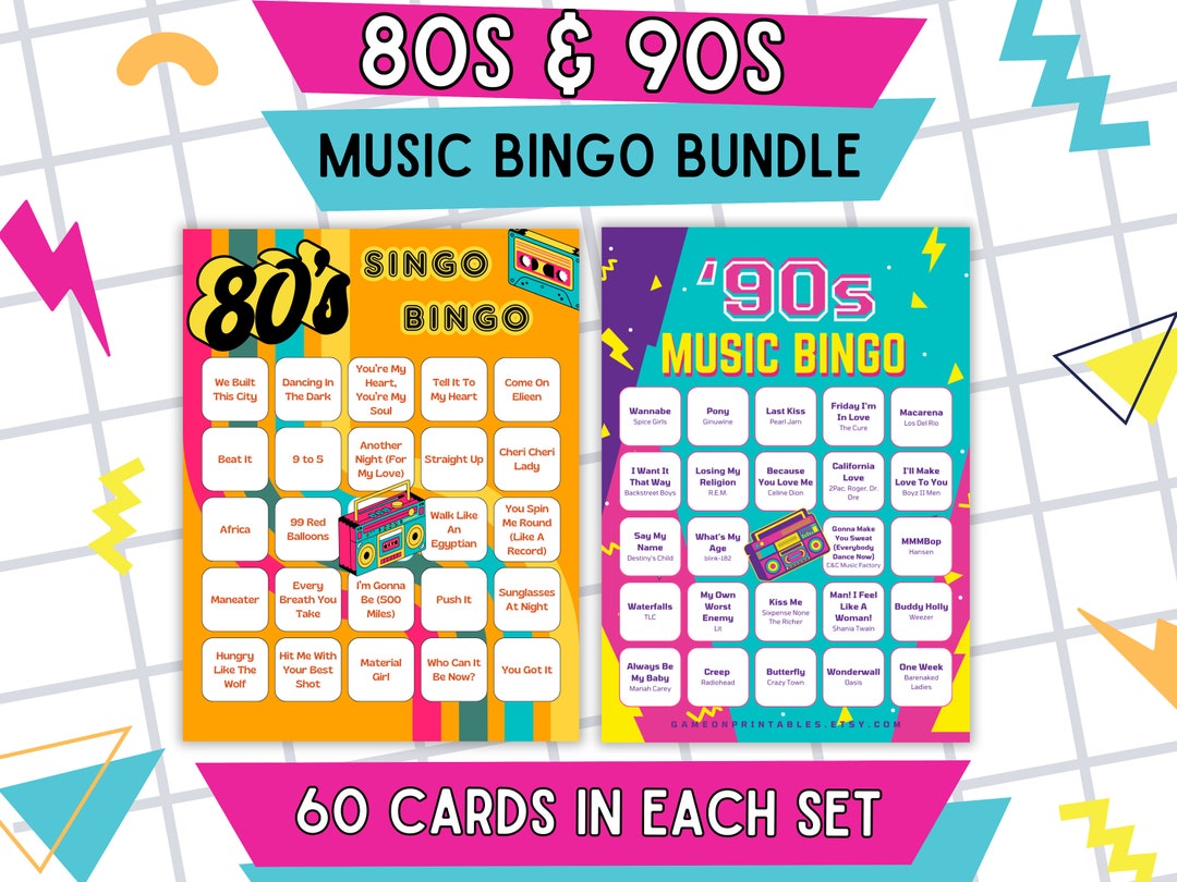 Music Bingo - 2 Pack | 80s, 90s Music Bingo | 2 Decades of Music ...
