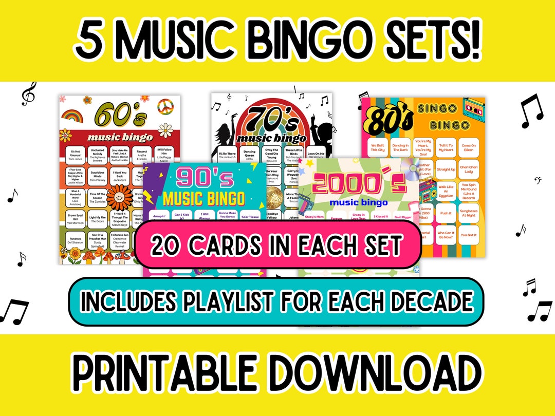 Music Bingo 5 Pack 60s, 70s, 80s, 90s, 2000s Music Bingo 5 Decades of ...