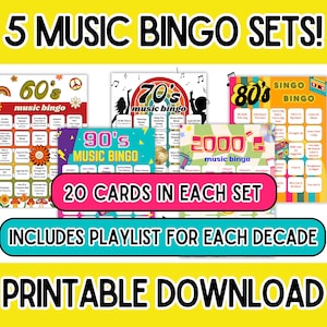 Music Bingo 5 Pack 60s, 70s, 80s, 90s, 2000s Music Bingo 5 Decades of ...