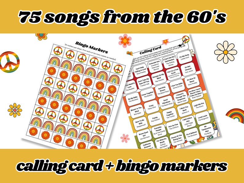 60s Music Bingo 1960's Singo Bingo 20 Bingo Cards Music Bingo With ...