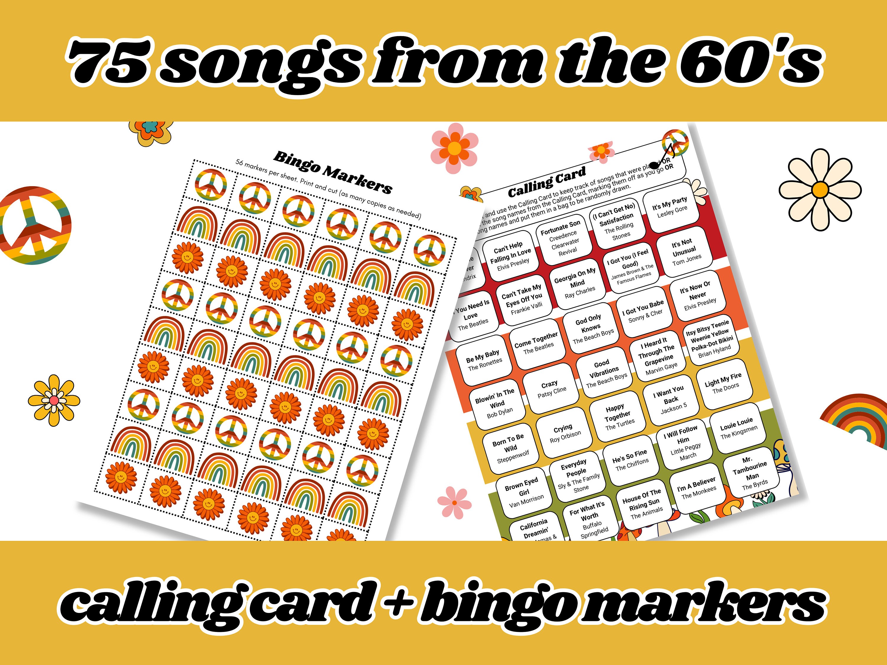 60s Music Bingo 1960's Singo Bingo 20 Bingo Cards Music Bingo With ...