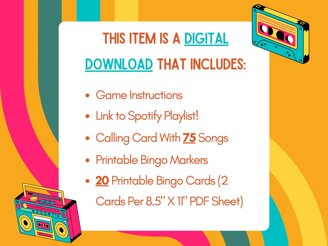 80s Music Singo Bingo, 20 Cards, Party Game (digital Download) - Etsy
