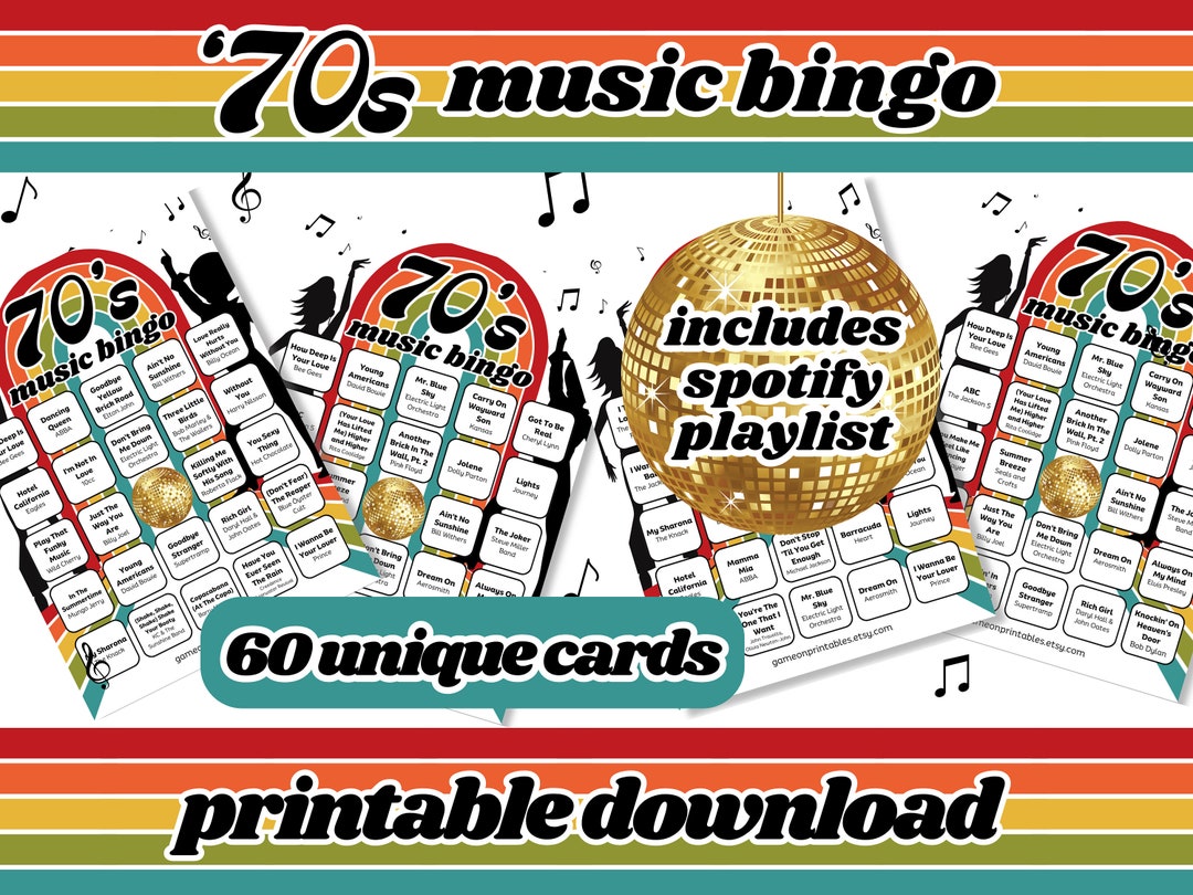 70s Music Bingo | 70s Singo Bingo | 60 Bingo Cards | 1970s Music ...