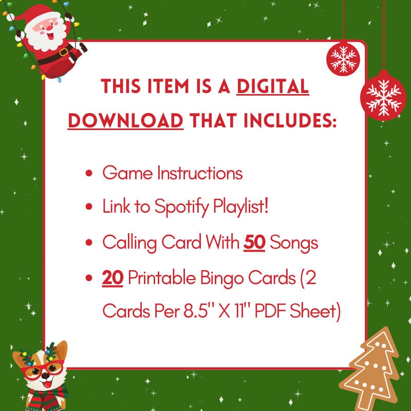 Christmas Singo Bingo Christmas Music Bingo 50 Christmas Songs, 20 ...