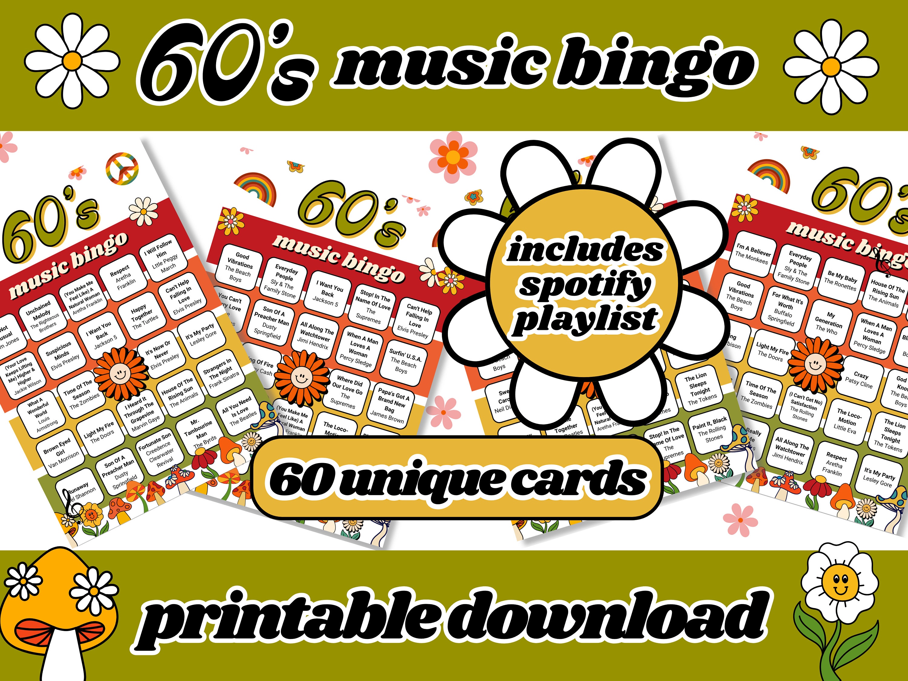 60s Music Bingo 1960's Singo Bingo 60 Bingo Cards Music Bingo With ...