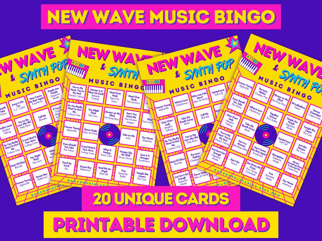 New Wave Music Bingo | 80s Music Bingo With Playlist | 20 Bingo Cards ...