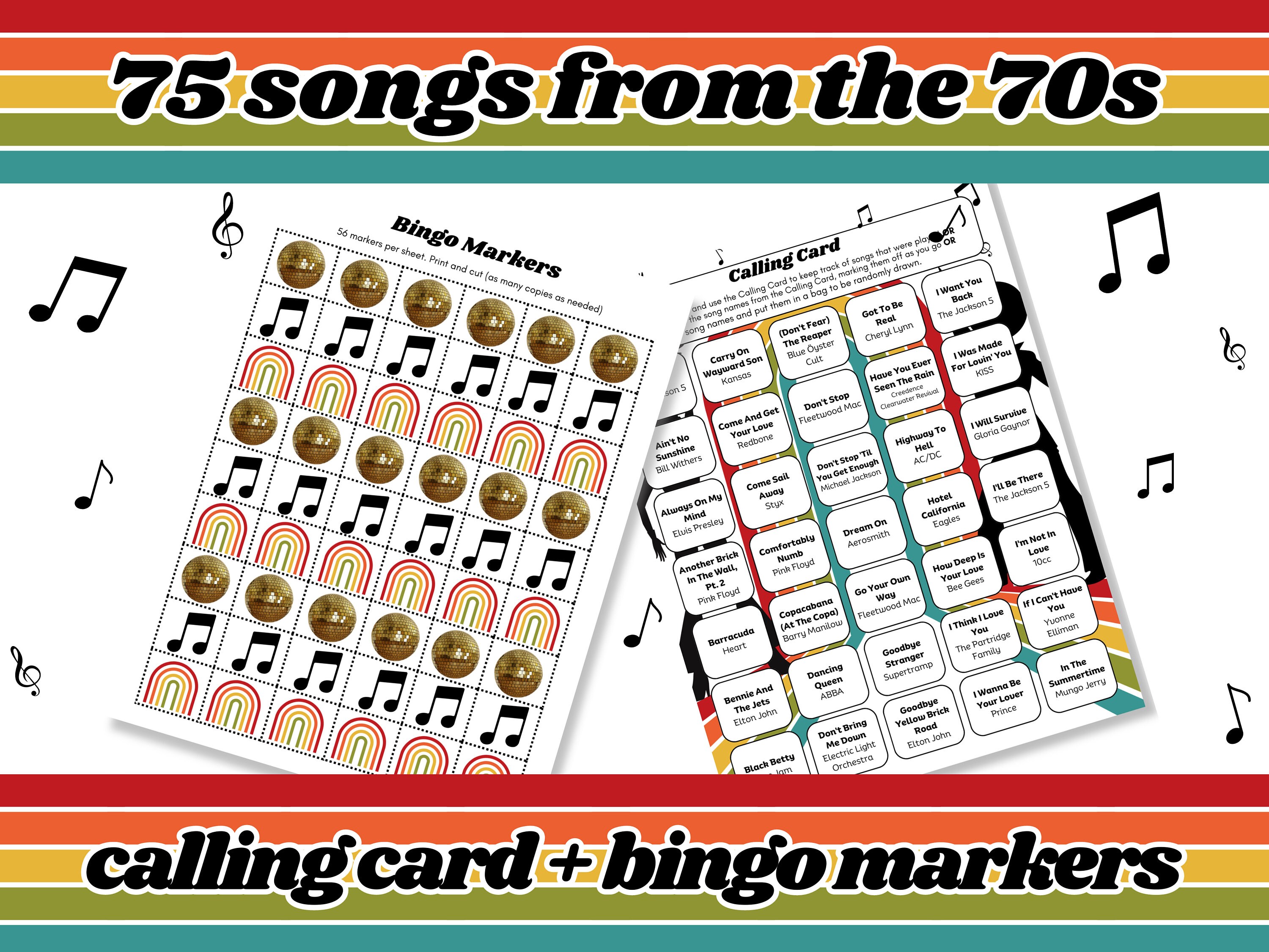 70s Music Bingo Game | 60 Printable Cards (digital Download) - Etsy