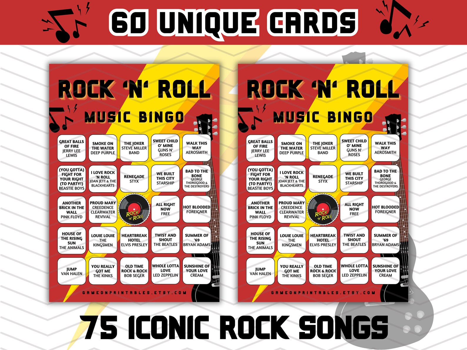 Rock Music Bingo | Rock and Roll Music Bingo With Playlist | 60 Bingo ...