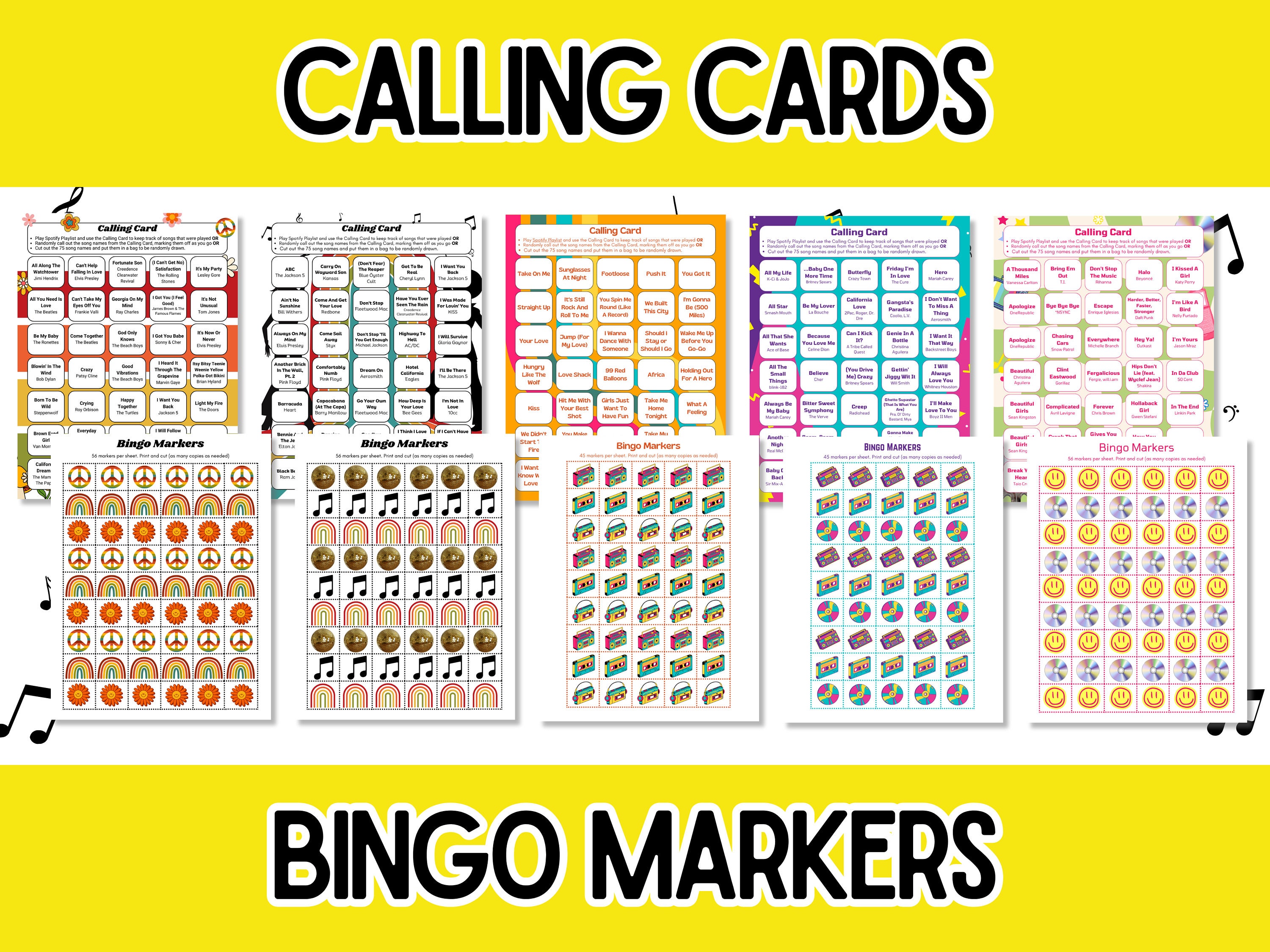 Music Bingo 5 Pack 60s, 70s, 80s, 90s, 2000s Music Bingo 5 Decades of ...