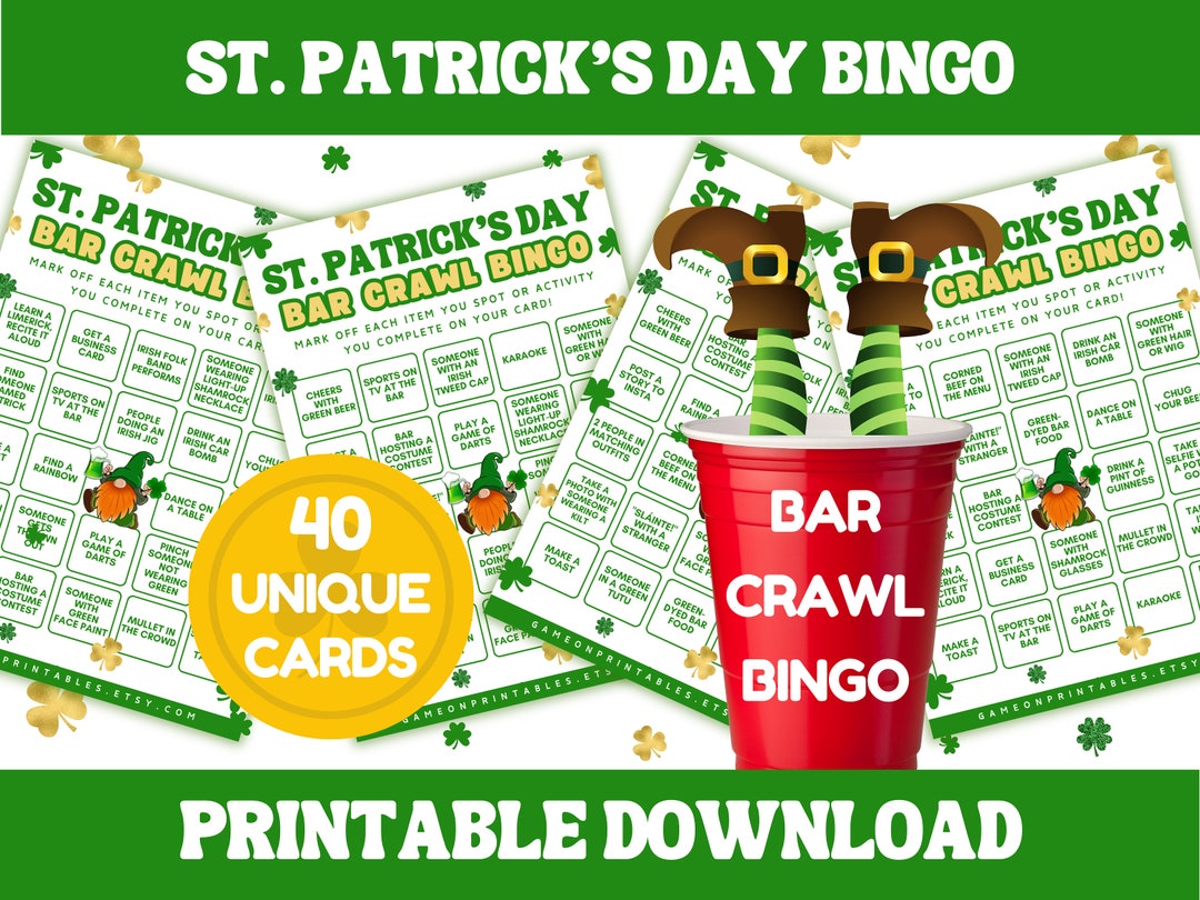 St. Patrick's Day Bar Crawl Bingo | St. Paddys Day Scavenger Hunt | St ...