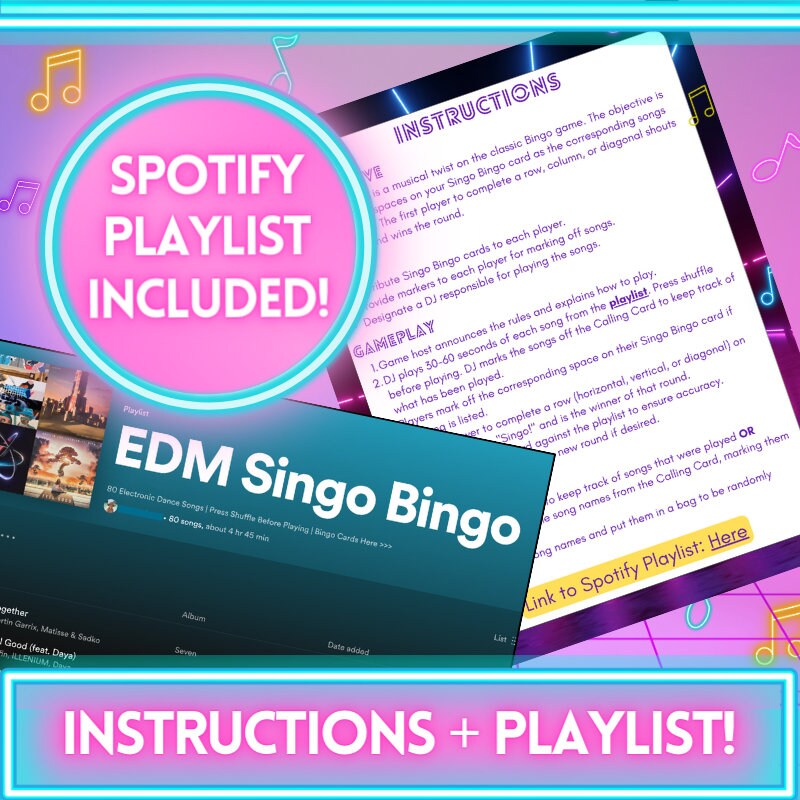 EDM Bingo Game Electronic Dance Music Bingo 40 Cards Singo Bingo Party ...